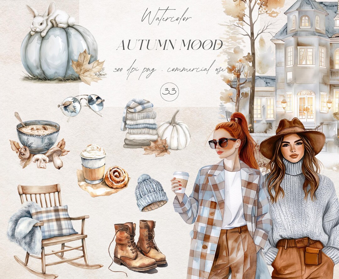 Watercolor Cozy Autumn Clipart Bundle, Neutral Fall Images, Fall ...