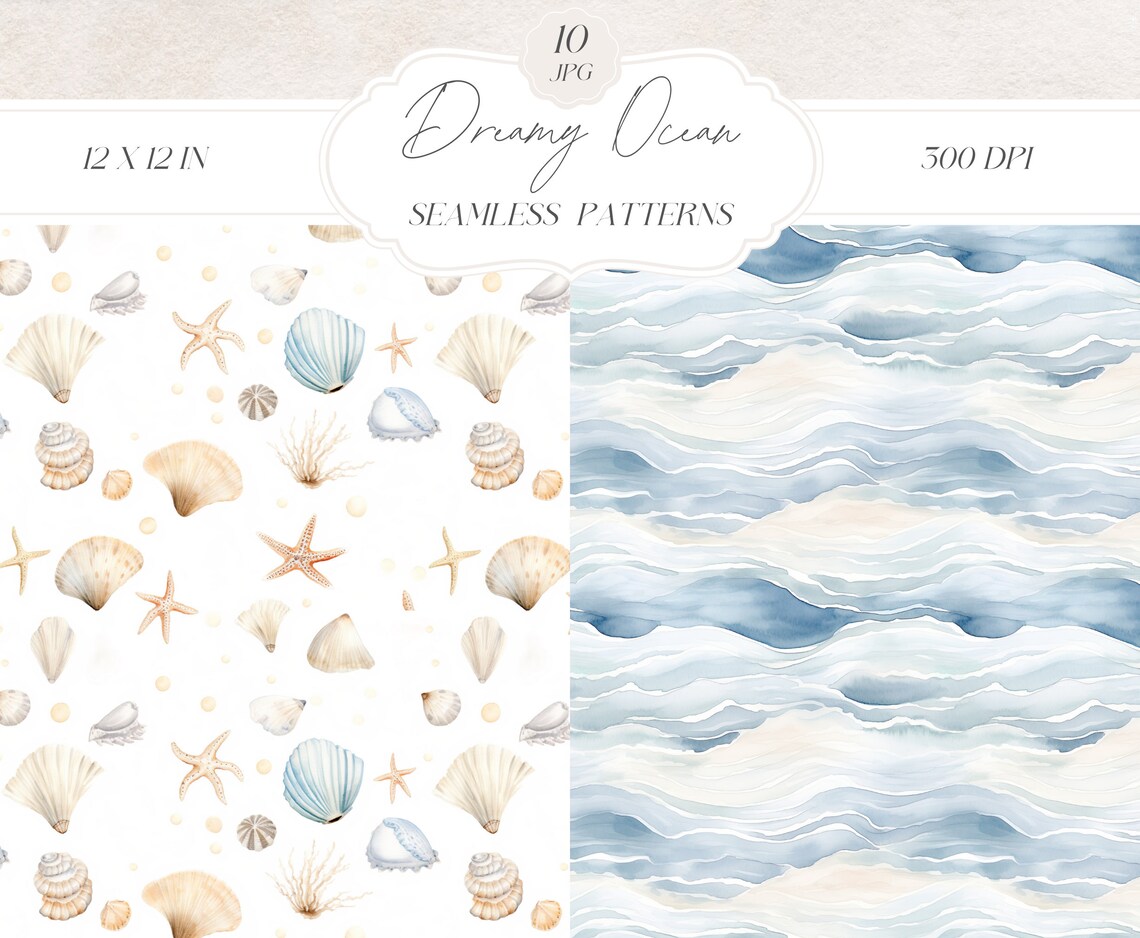 Watercolor Ocean Seamless Patterns, Neutral Summer Beach Digital Paper ...