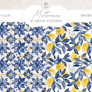 Mediterranean Tile Seamless Patterns, Watercolor Lemons Clipart, Blue ...