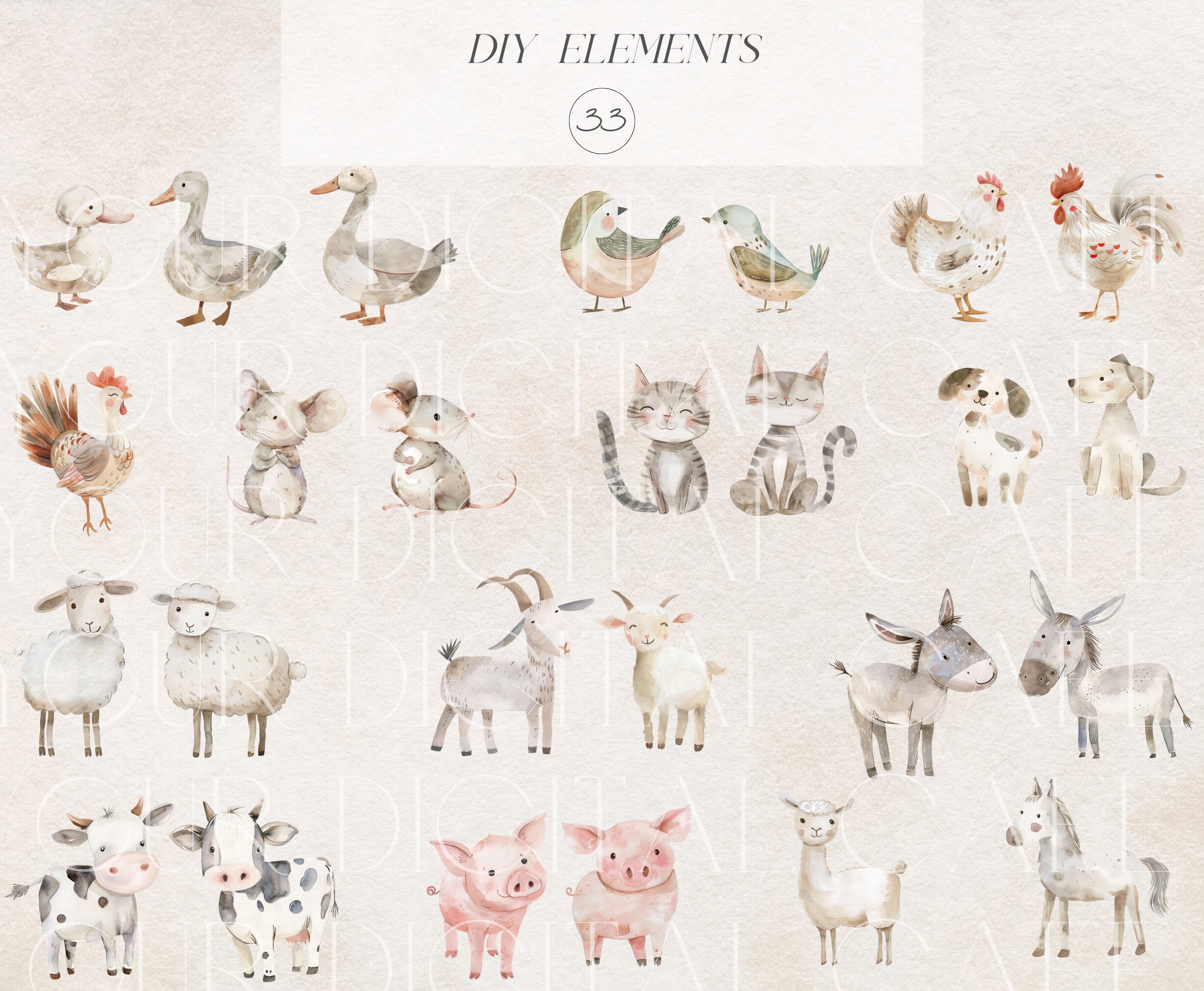 Watercolor Farm Animal Clipart Bundle, Farm Animals PNG Set, Nursery ...