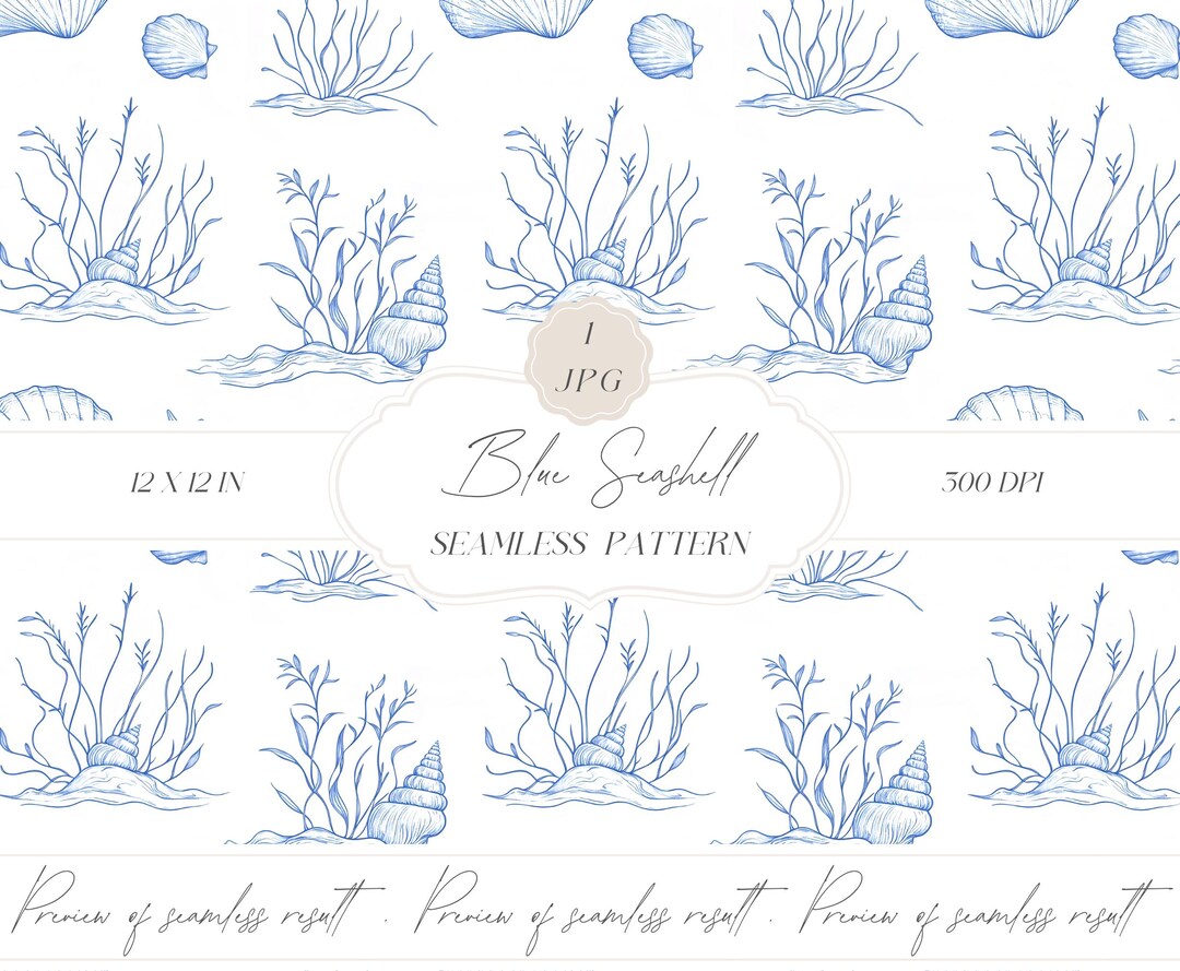 Blue Toile Seashell Seamless Pattern, Nursery Background, Chinoiserie ...