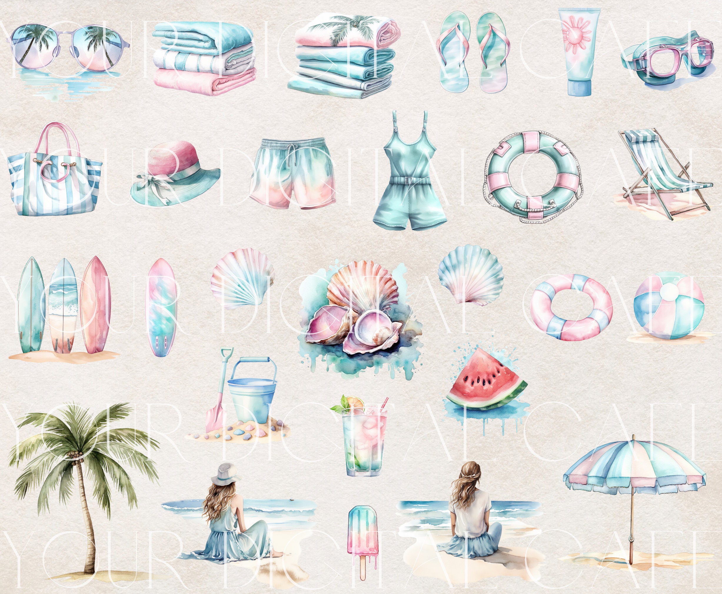 Watercolor Summer Clipart Bundle, Pastel Summer Beach Graphics, Beach ...