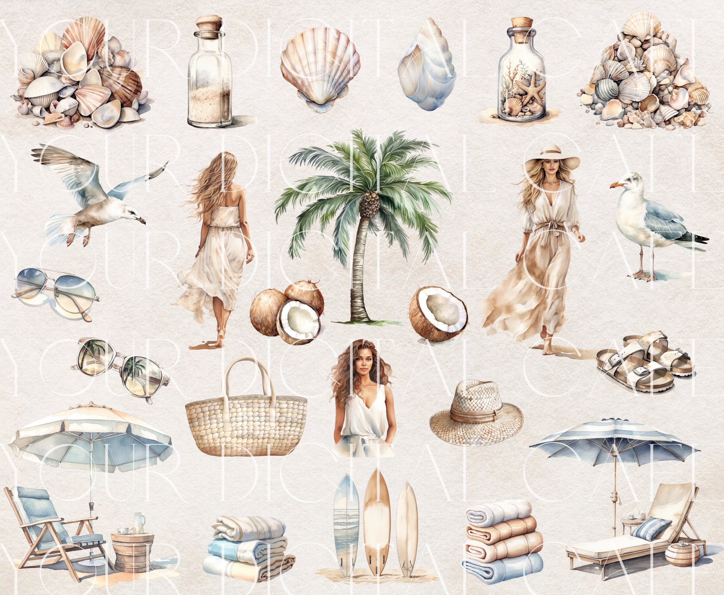 Watercolor Ocean Clipart Bundle, Neutral Summer Beach Graphics, Beach ...