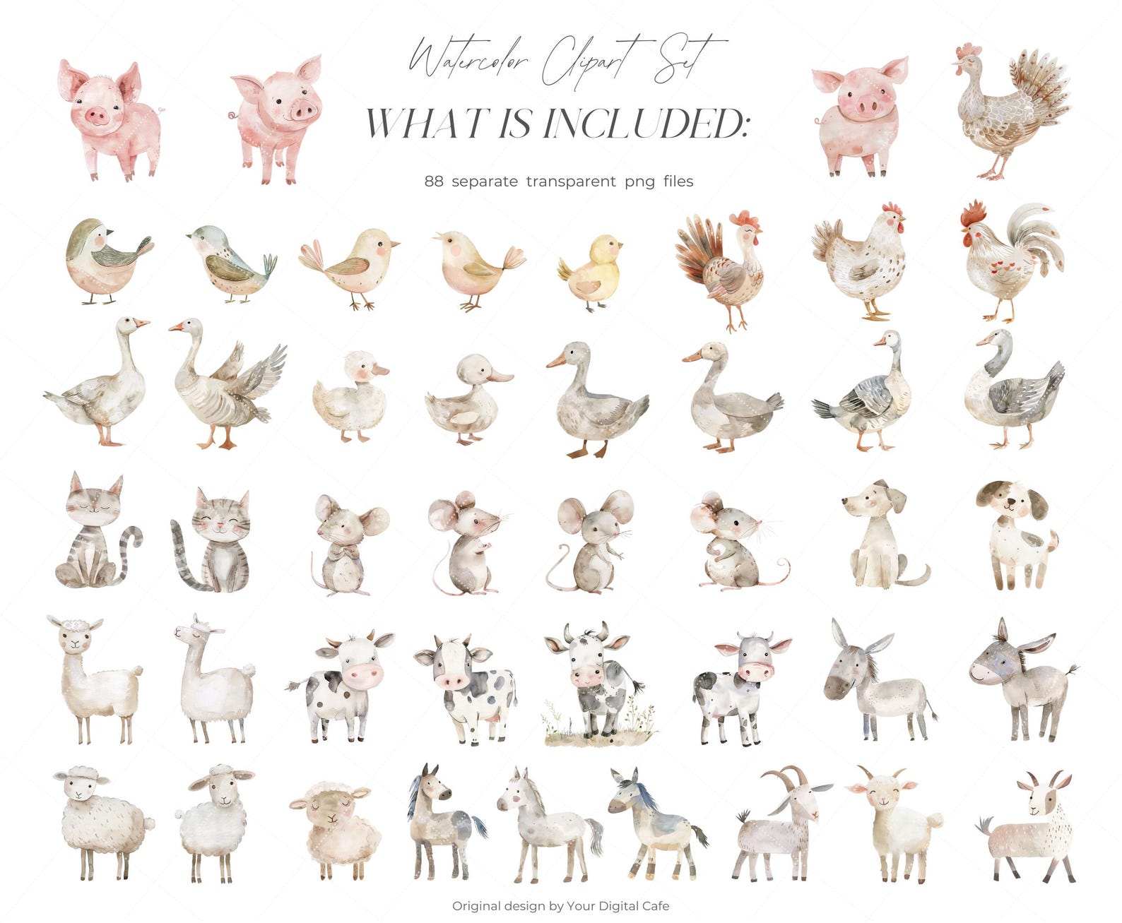 Watercolor Farm Animal Clipart Bundle: Goose Clip Art, Cute Mouse, Cows ...