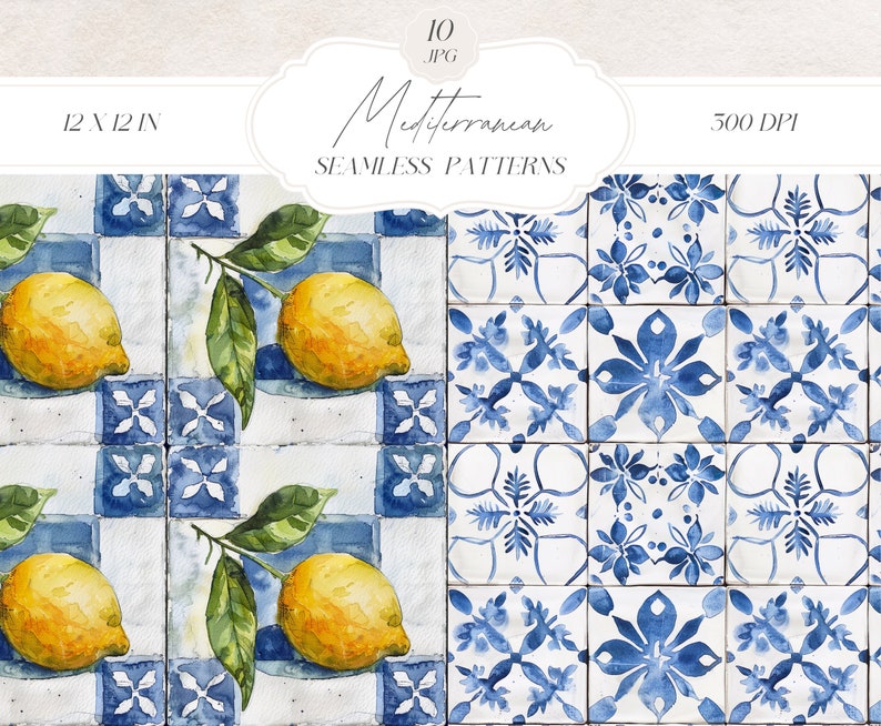 Mediterranean Tile Seamless Patterns, Watercolor Lemons Clipart, Blue ...