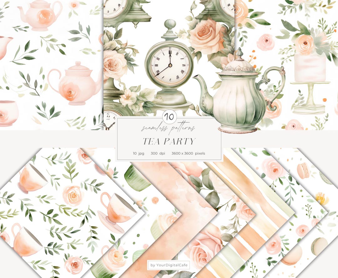 Tea Time Digital Paper: Seamless Spring Patterns, Watercolor Floral ...