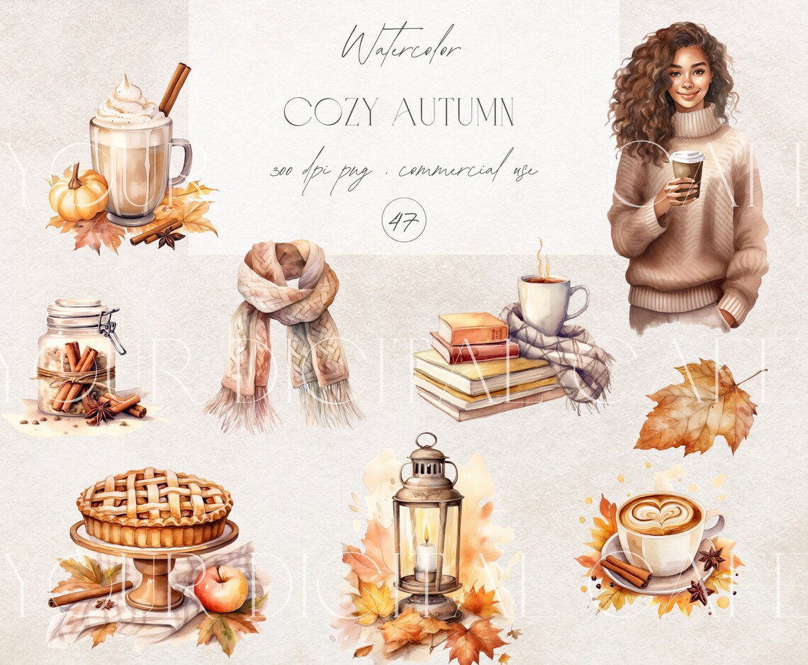 Watercolor Fall Clipart Cozy Fall Fall Graphic Clipart - Etsy