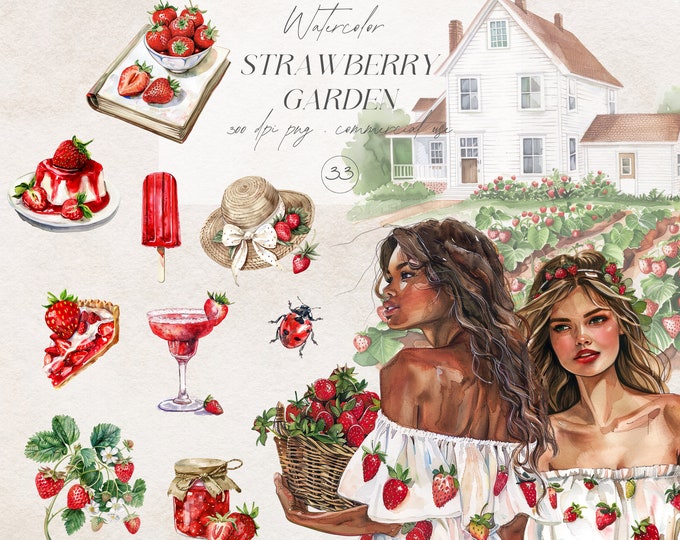 Strawberry Watercolor Clipart Bundle, Summer Strawberries, Frames and ...