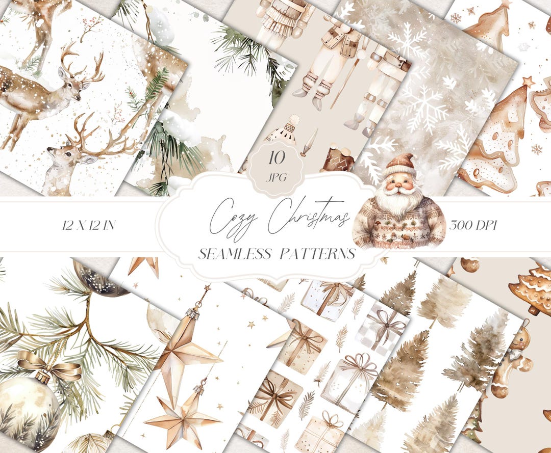 Cozy Rustic Christmas Seamless Patterns, Watercolor Rustic Christmas ...