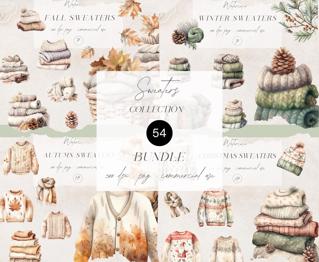 Watercolor Fall Clipart Bundle, Cozy Autumn Graphics, Wool Sweaters ...