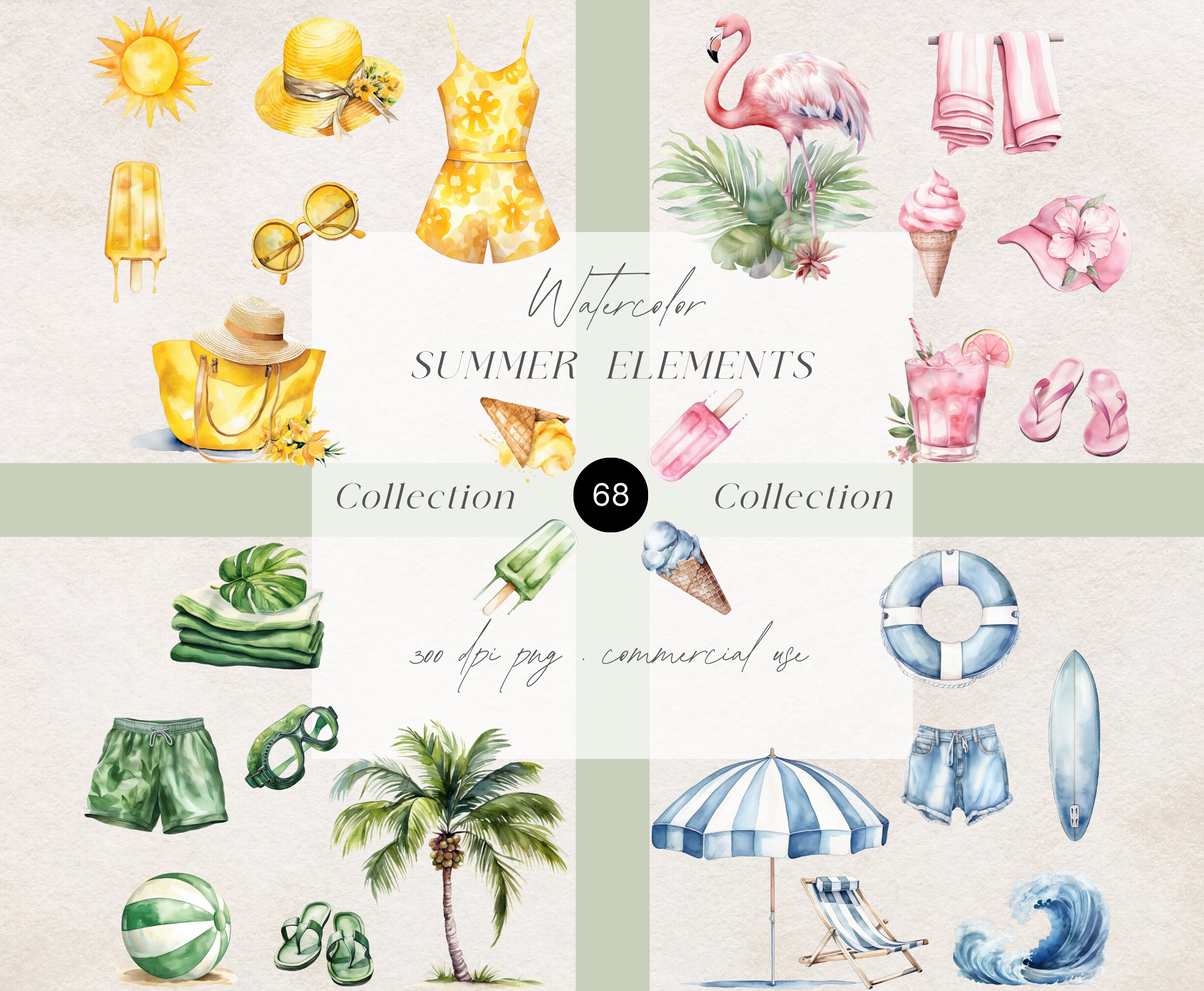 Watercolor Summer Clipart Bundle Summer Art Clipart Vacation Clipart ...