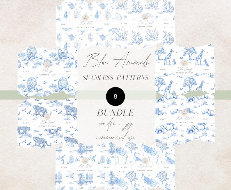 Blue Animals Toile De Jouy Seamless Patterns Bundle, Pattern for Kids ...