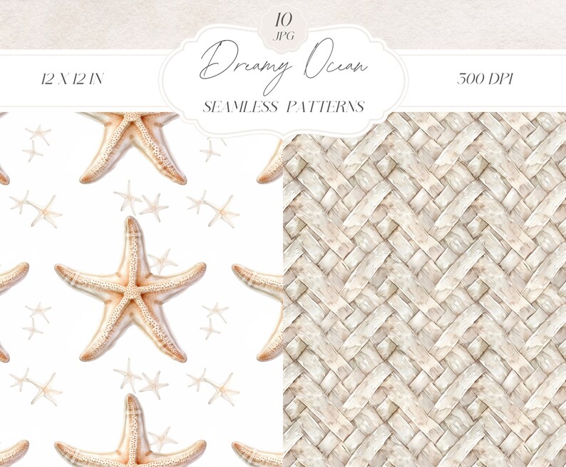 Watercolor Ocean Seamless Patterns, Neutral Summer Beach Digital Paper ...