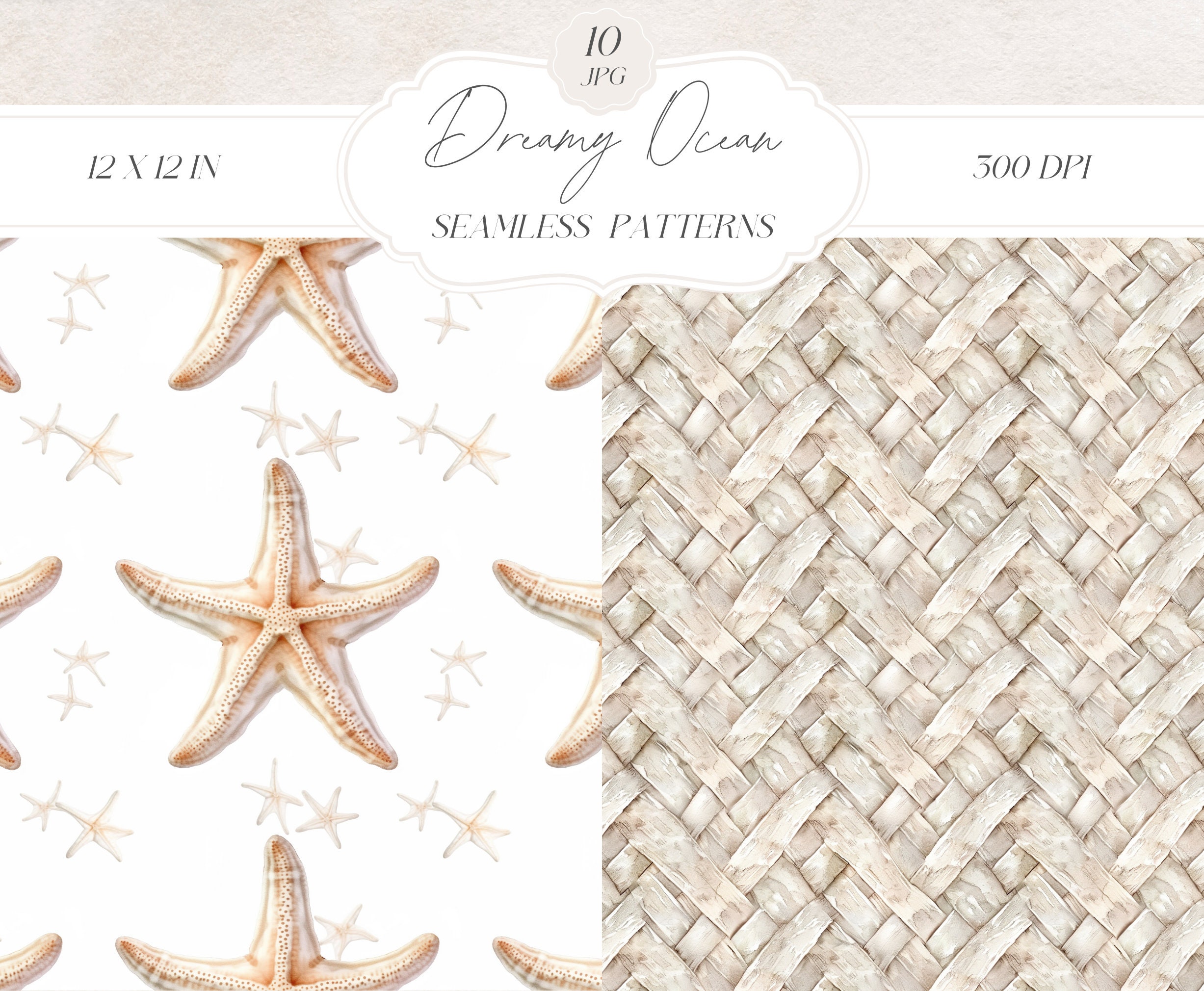 Watercolor Ocean Seamless Patterns, Neutral Summer Beach Digital Paper ...