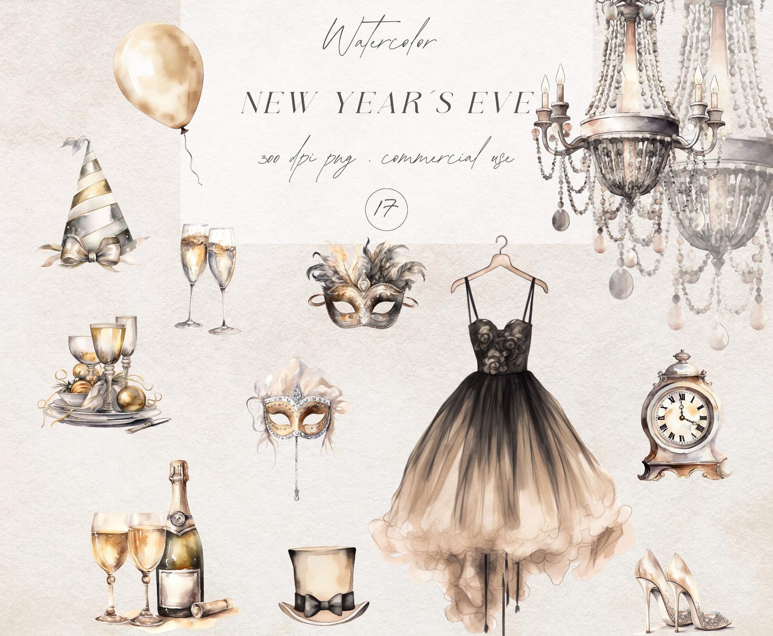 New Year Watercolor Clipart, Party PNG, Happy New Year Clipart, Festive ...