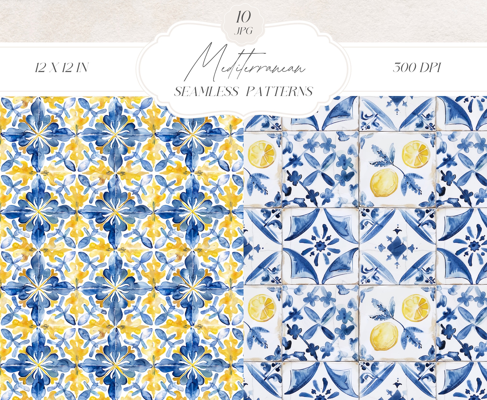 Mediterranean Tile Seamless Patterns, Watercolor Lemons Clipart, Blue ...