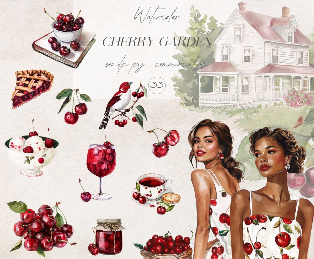 Watercolor Cherry Clipart Berries Clipart Seasonal Graphics Spring ...