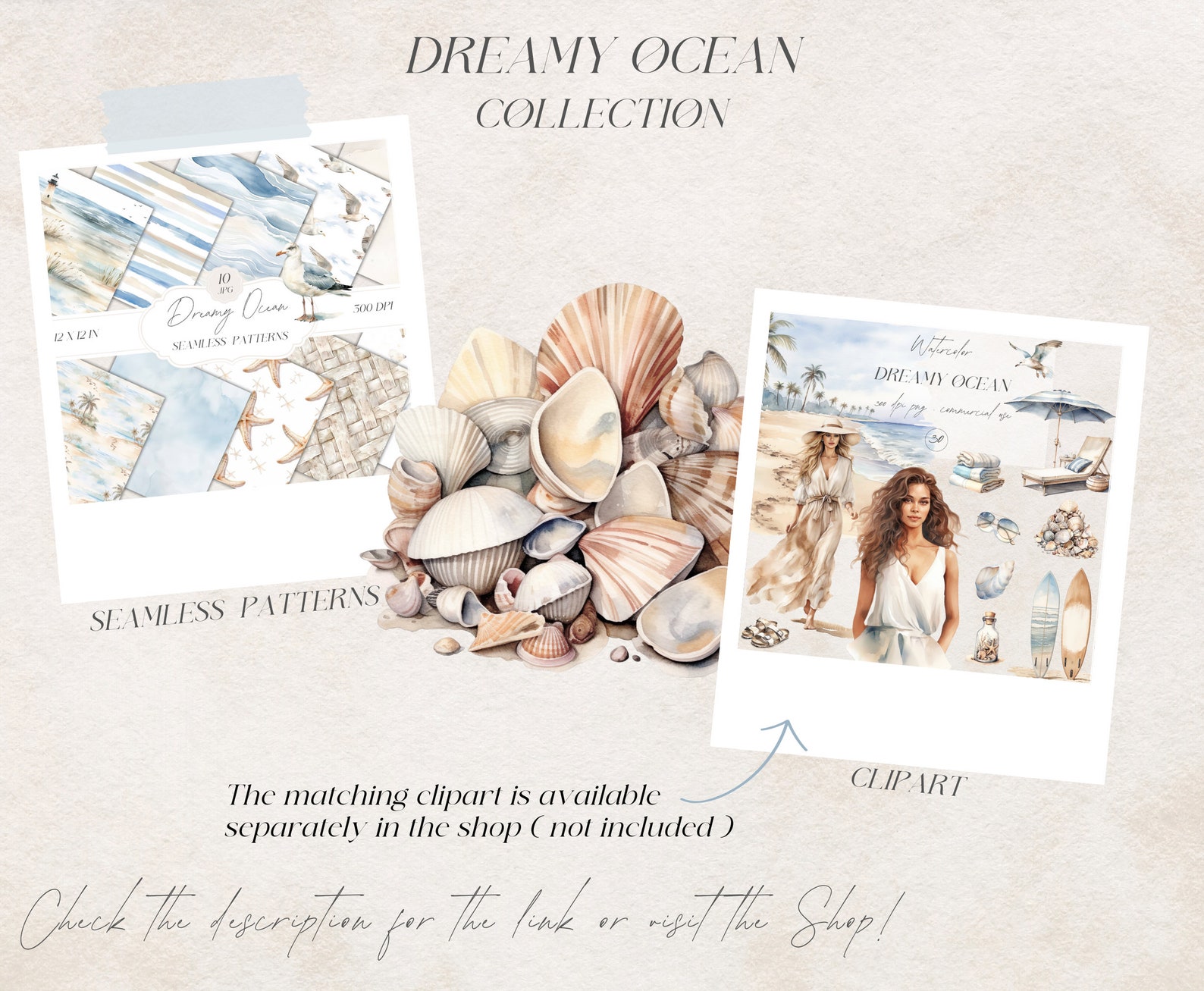 Watercolor Ocean Seamless Patterns, Neutral Summer Beach Digital Paper ...