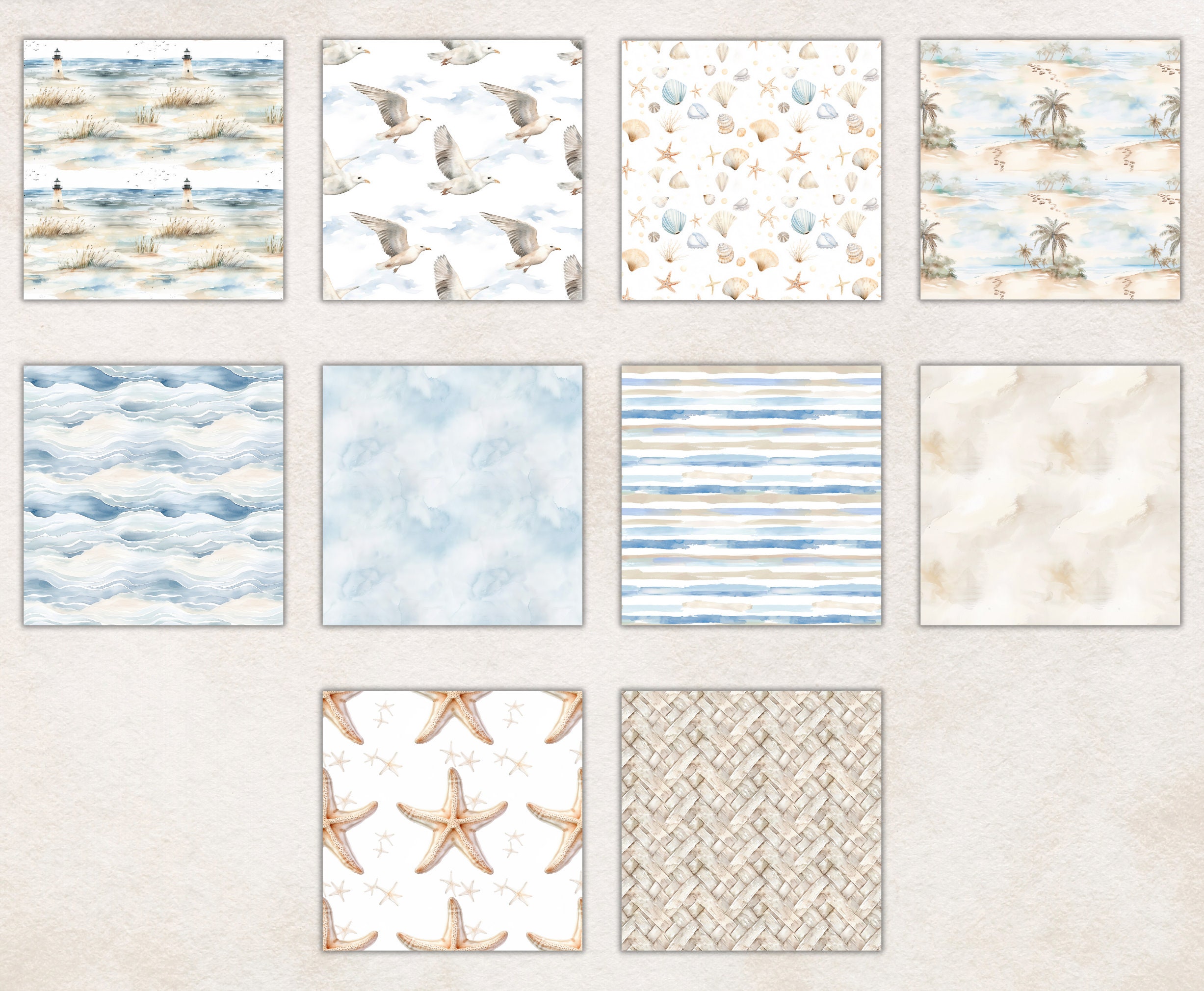 Watercolor Ocean Seamless Patterns, Neutral Summer Beach Digital Paper ...