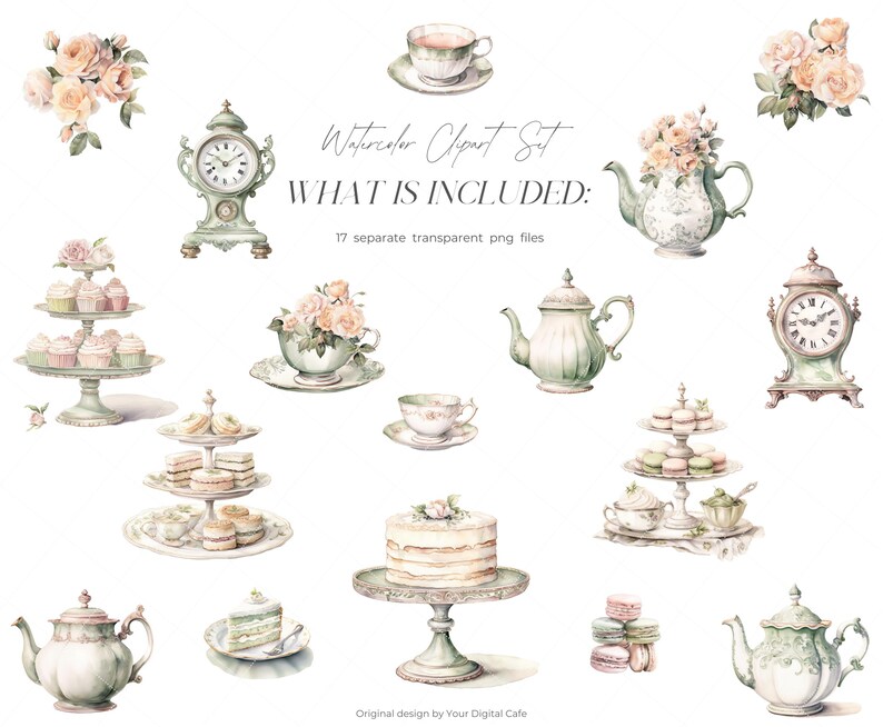 Tea Time Clipart: Watercolor Floral Vintage Tea Party Graphics, Pastel ...