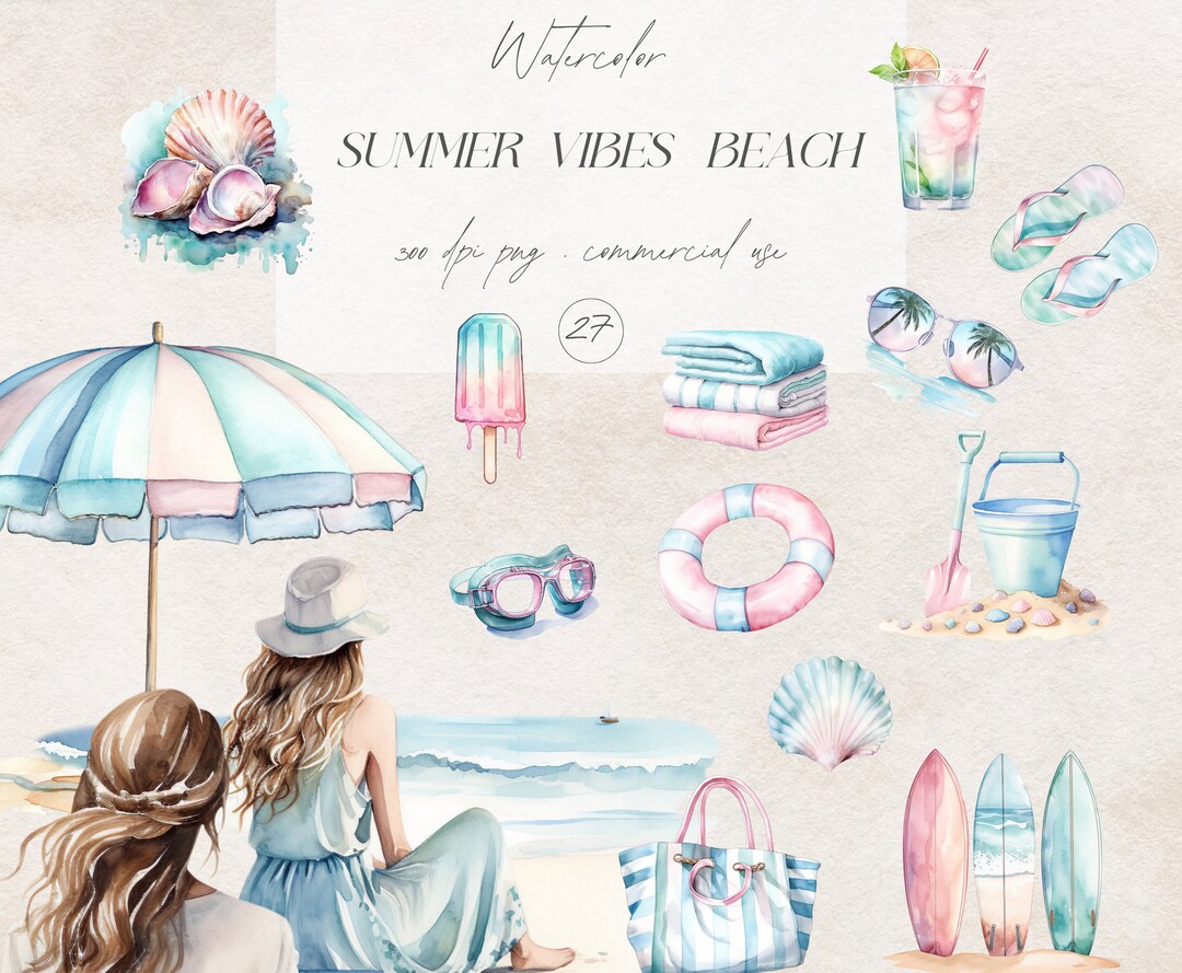 Watercolor Summer Clipart Bundle, Pastel Summer Beach Graphics, Beach ...