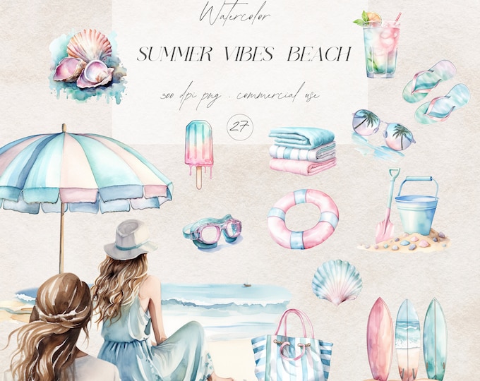 Yellow Summer Watercolor Clipart, Summer Beach Graphics, Beach Vacation ...