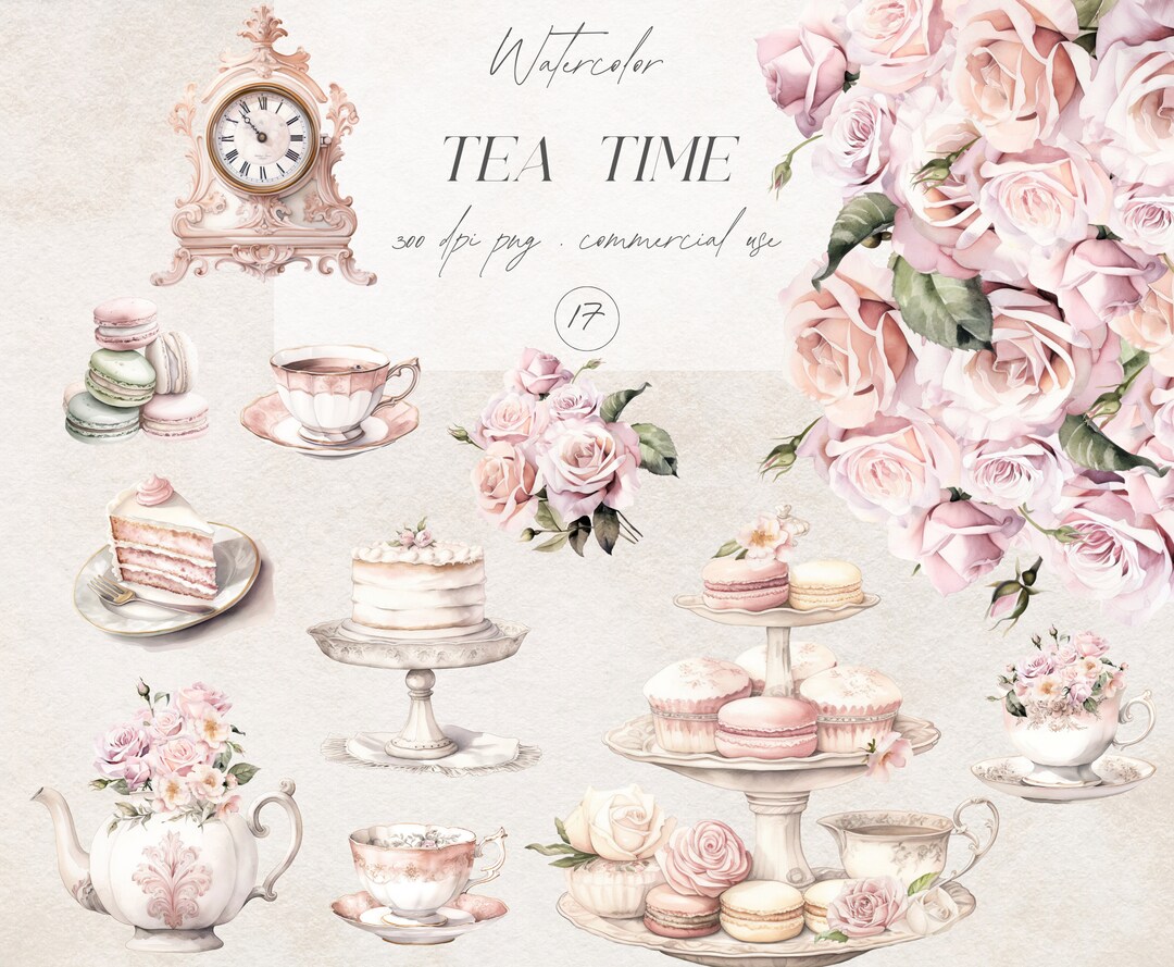 Watercolor Vintage Tea Time Clipart, Floral Tea Party Clipart, Flowers ...