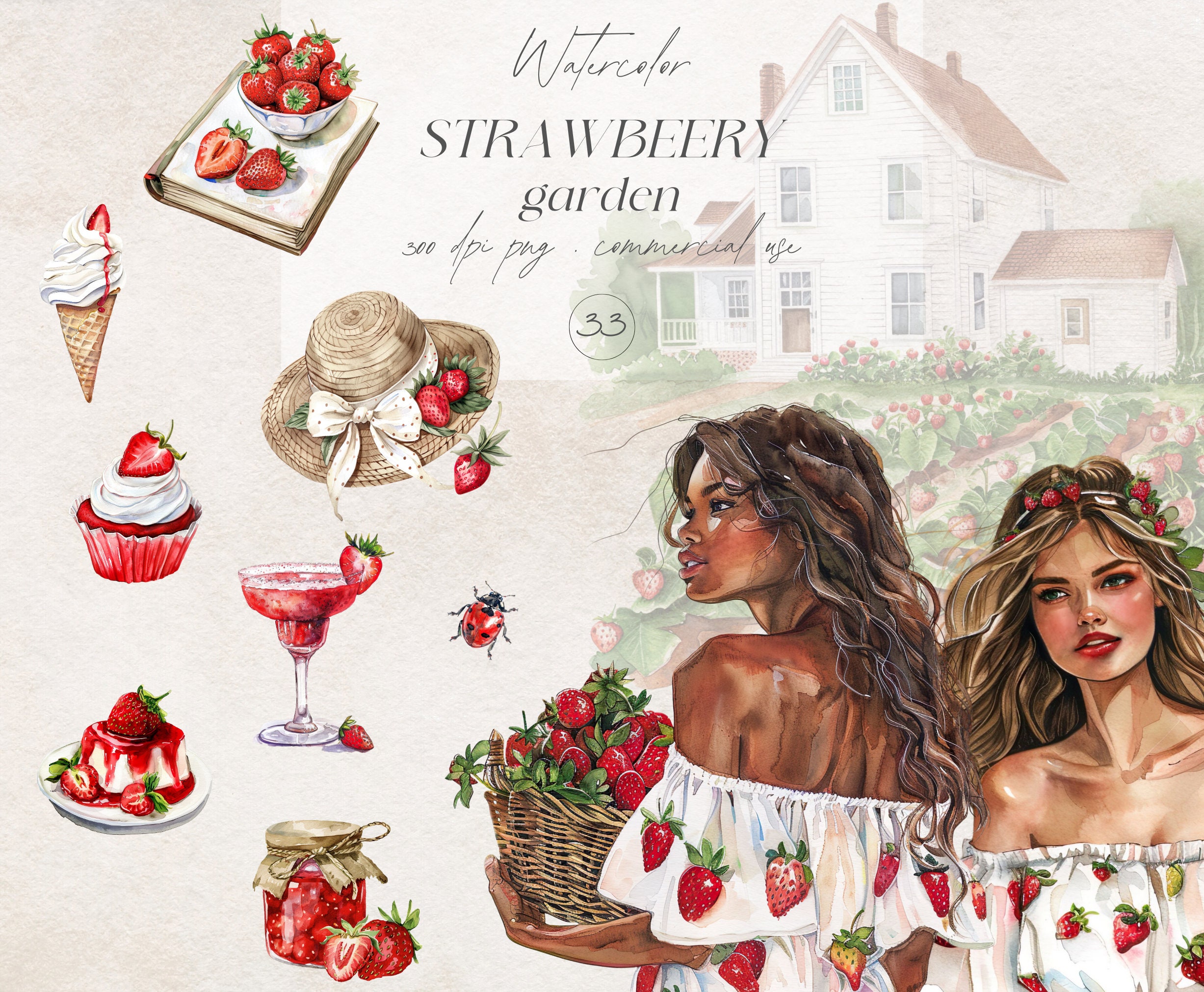 Watercolor Strawberry Garden Clipart Berries Clipart Seasonal Images ...