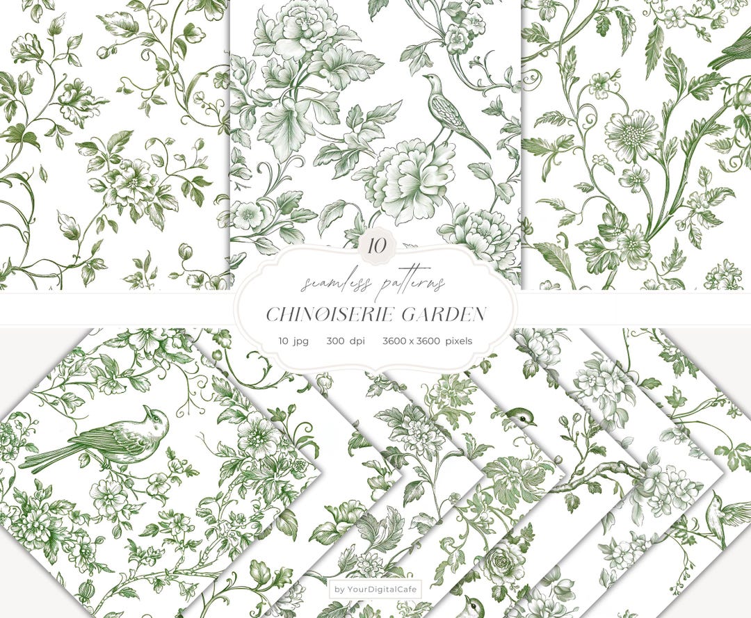Green Chinoiserie Floral Seamless Patterns: Vintage Floral Digital ...