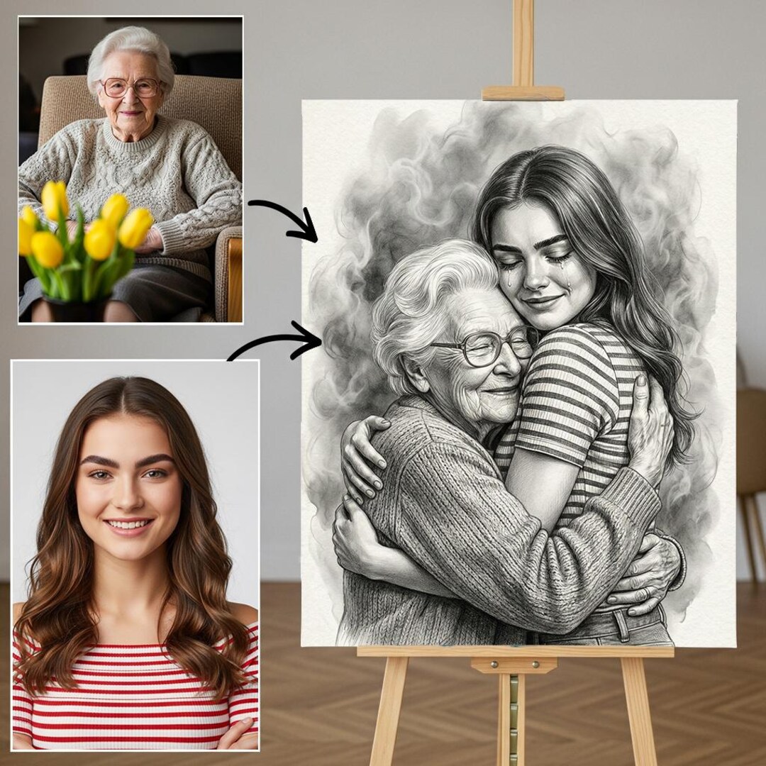 Memorial Portrait Hug Drawing, Loss of Grandma Gift, Add Deceased Loved ...