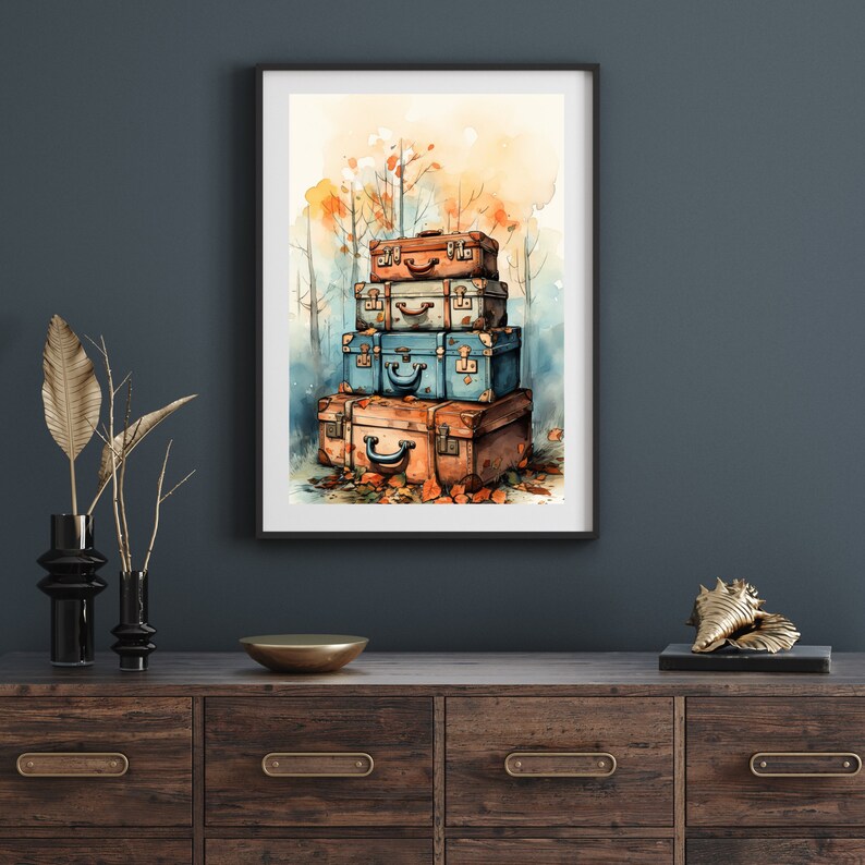 Watercolor Vintage Suitcases Printable Wall Art, Retro Art, Instant ...