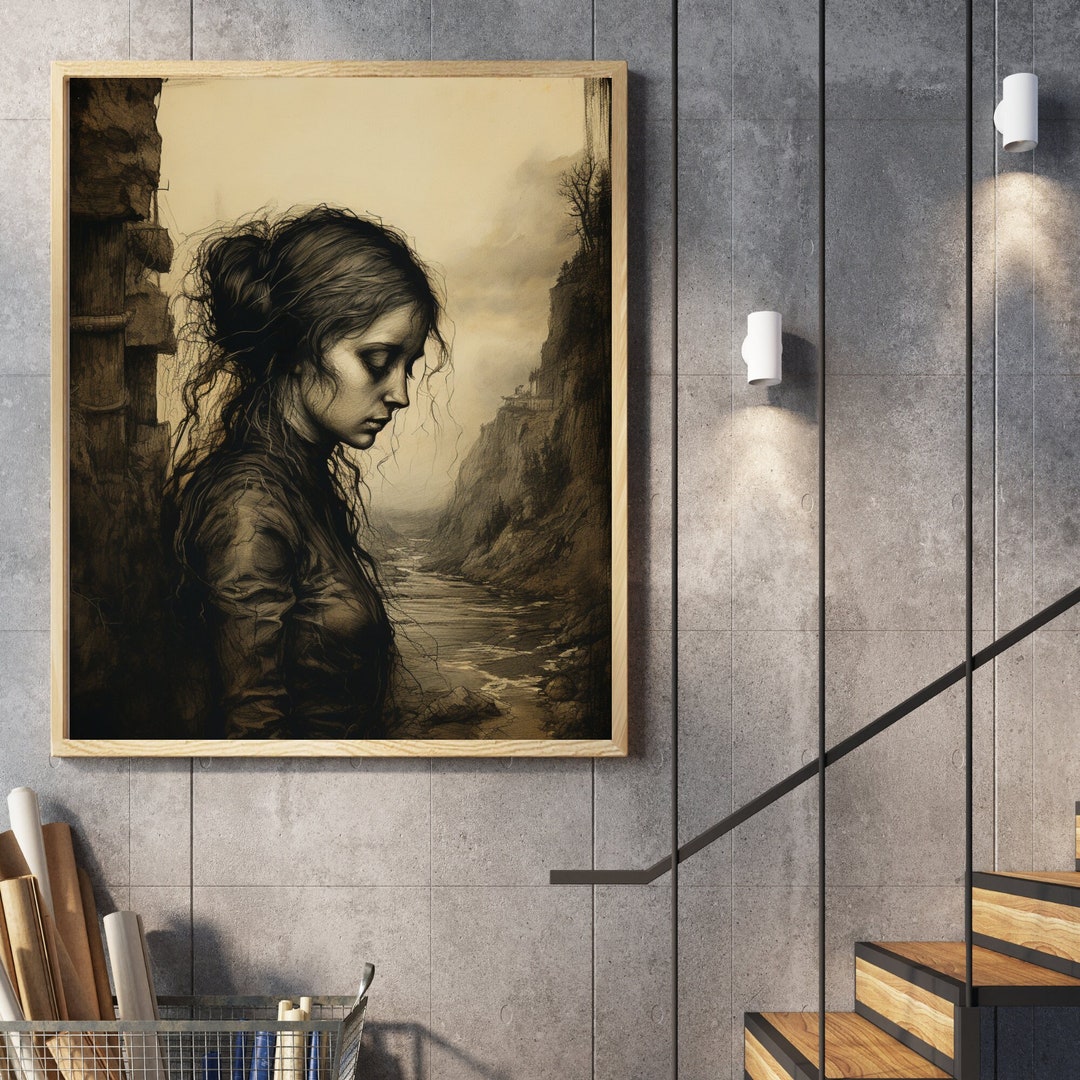 Monochrome Grief: Pencil Sketch Digital Wall Art of a Mourning Woman ...