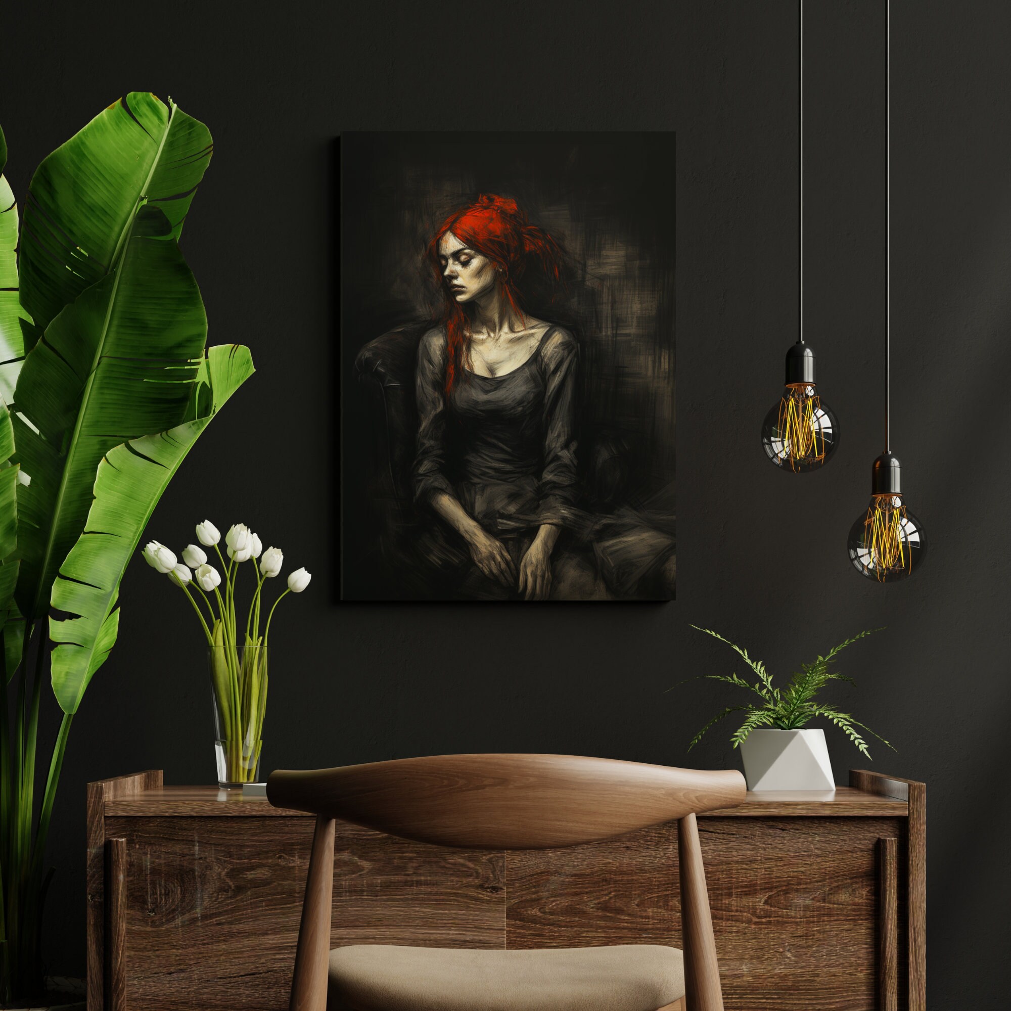 Red-haired Mourning: Pencil Sketch Portrait Wall Art of a Grieving ...