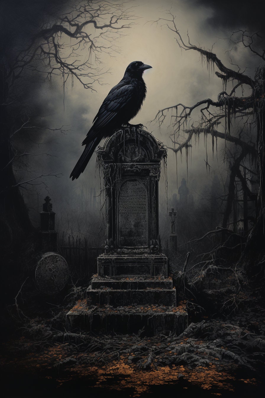 Raven in Graveyard Printable Wall Art, Halloween-themed Art, Instant ...