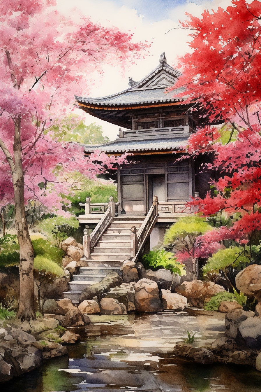 Watercolour Japanese Tea House Wall Art Digital Downloadable ...