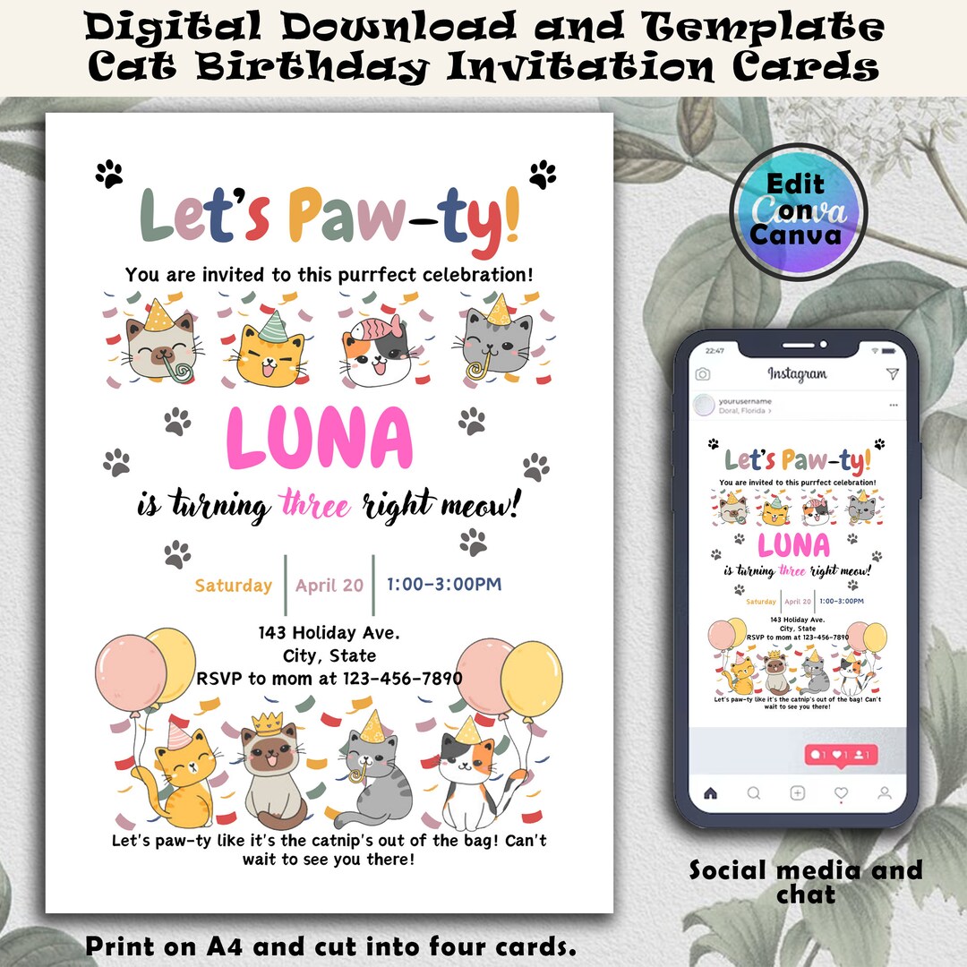 Editable Cat Birthday Invitation, Pawty Invitation Template, Kitten ...