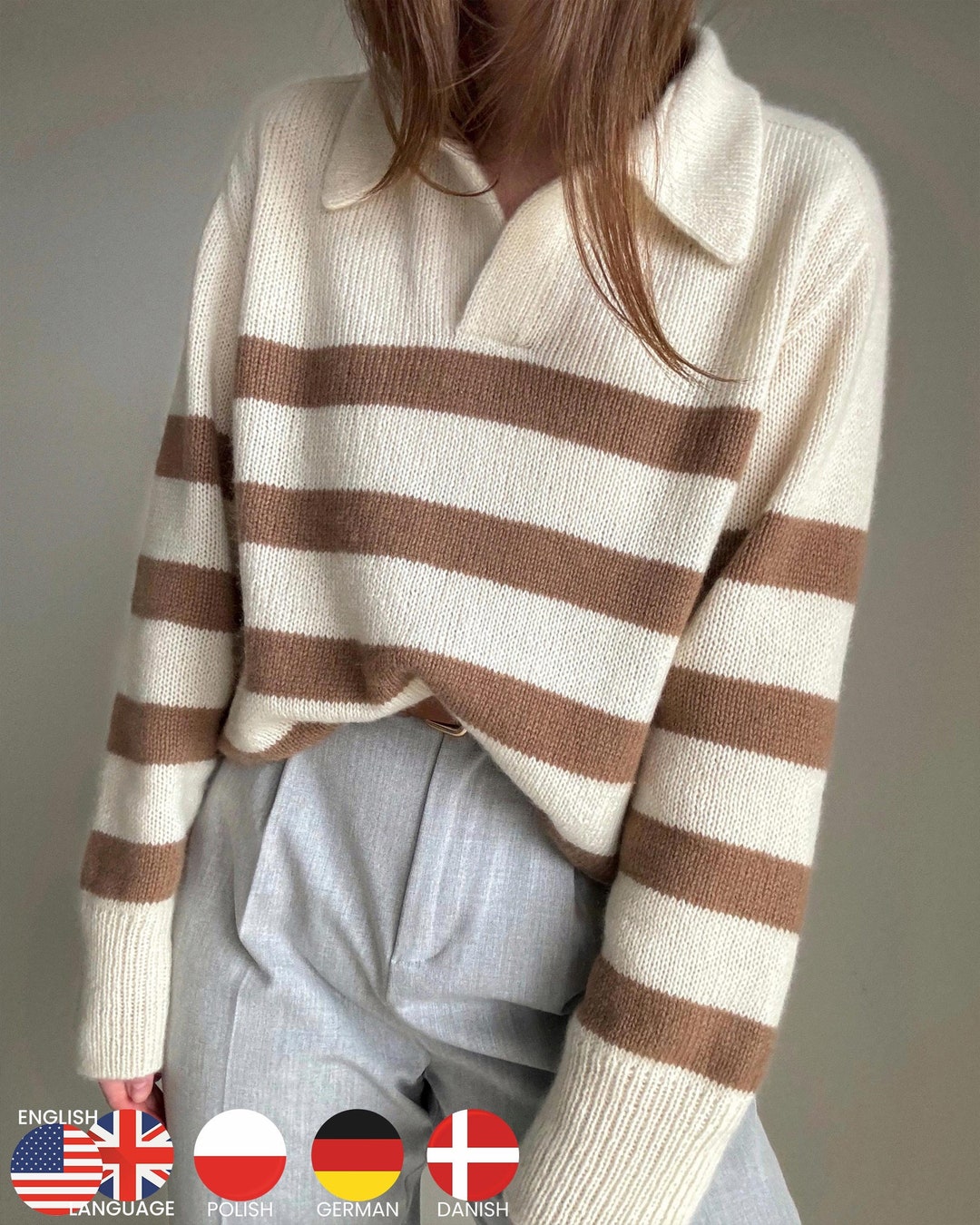 Charlie Pullover Knitting Pattern: Striped Wool Polo Sweater (english ...