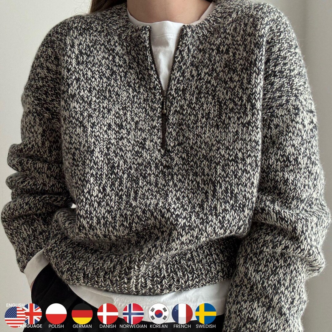 Luna Zip Sweater Knitting Pattern: Oversized Melange Wool Crewneck (PDF ...