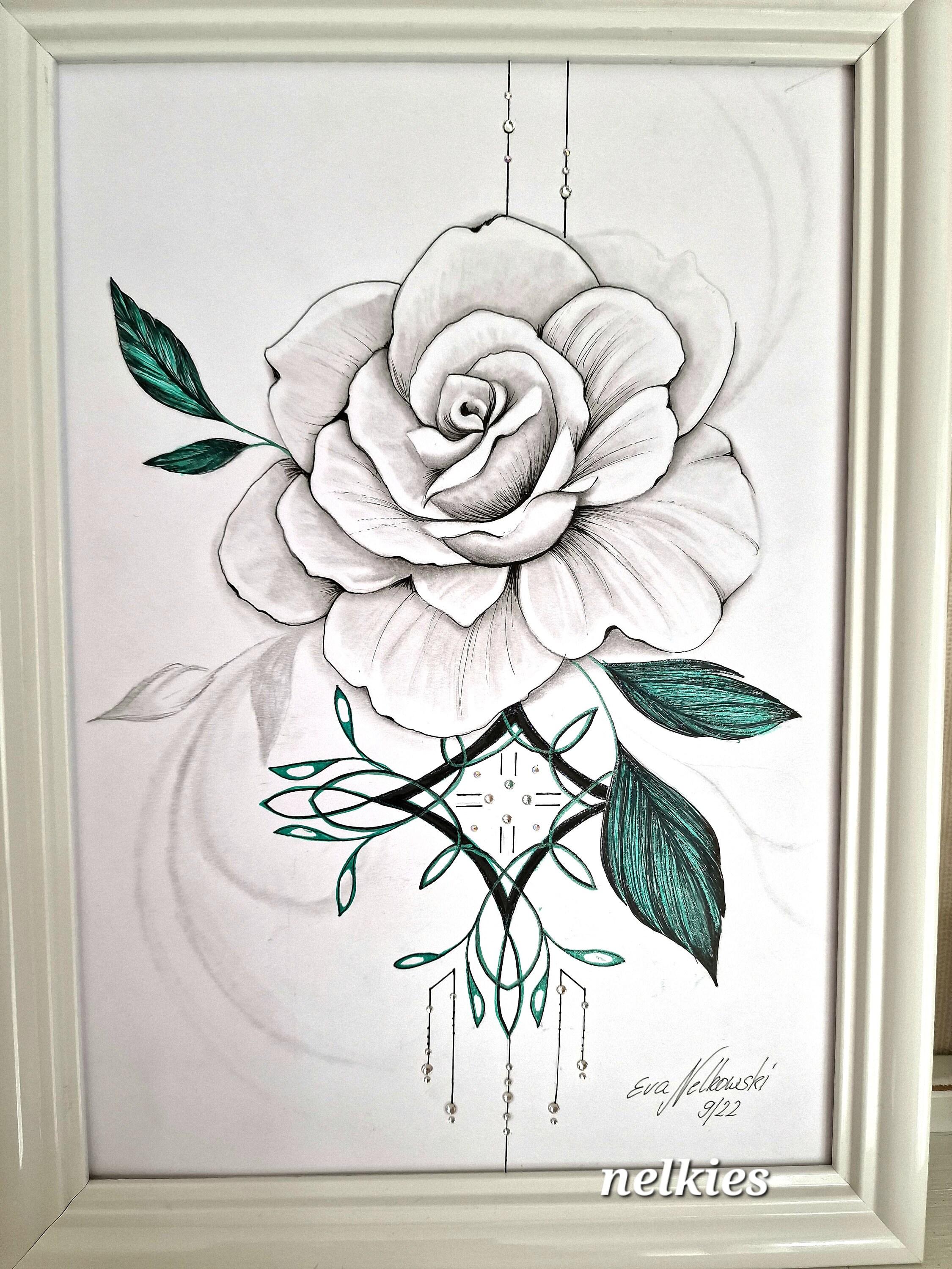 Pencil Drawing Rose With Green / Turquoise Shimmer and - Etsy