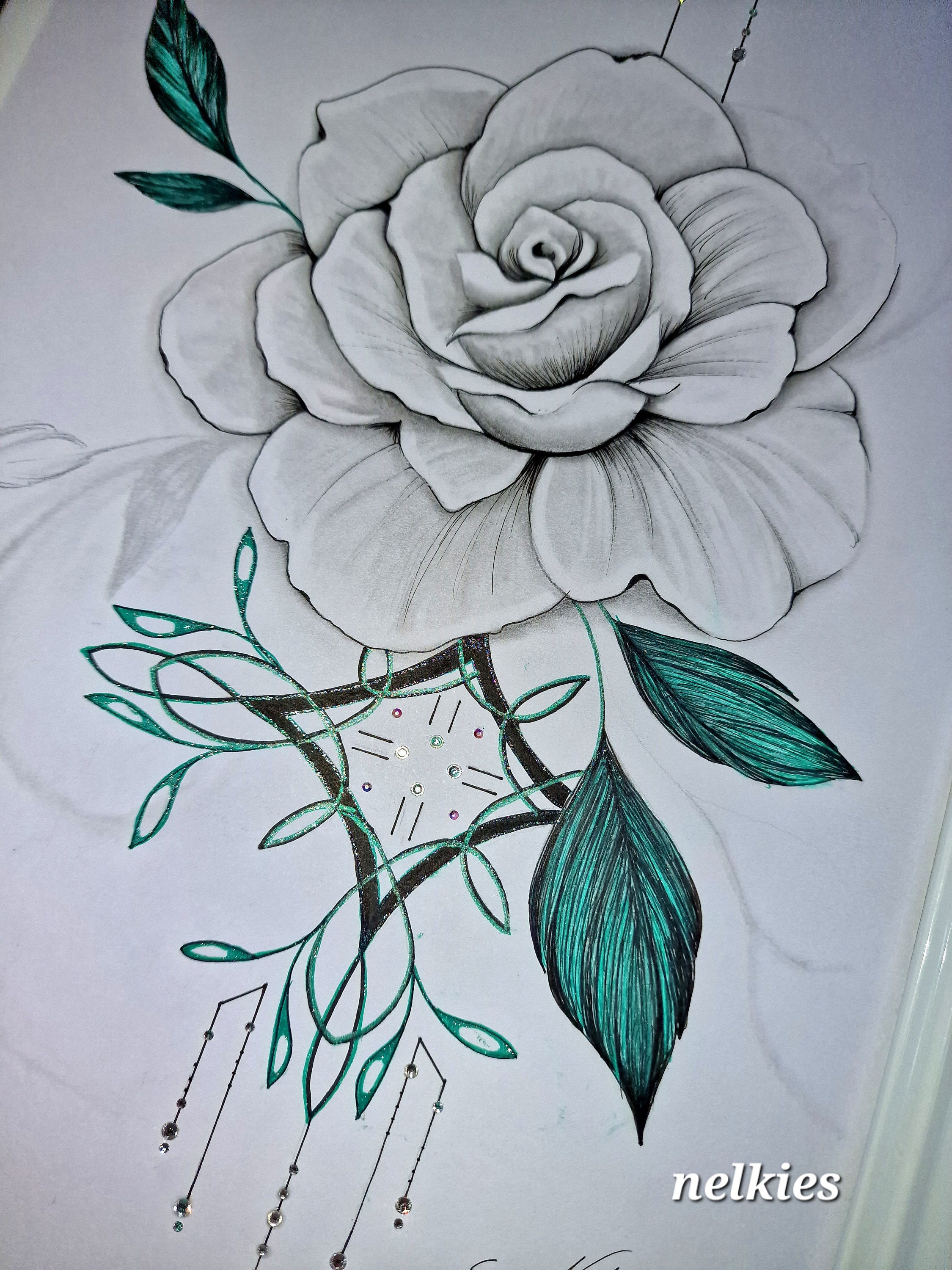 Pencil Drawing Rose With Green / Turquoise Shimmer and - Etsy
