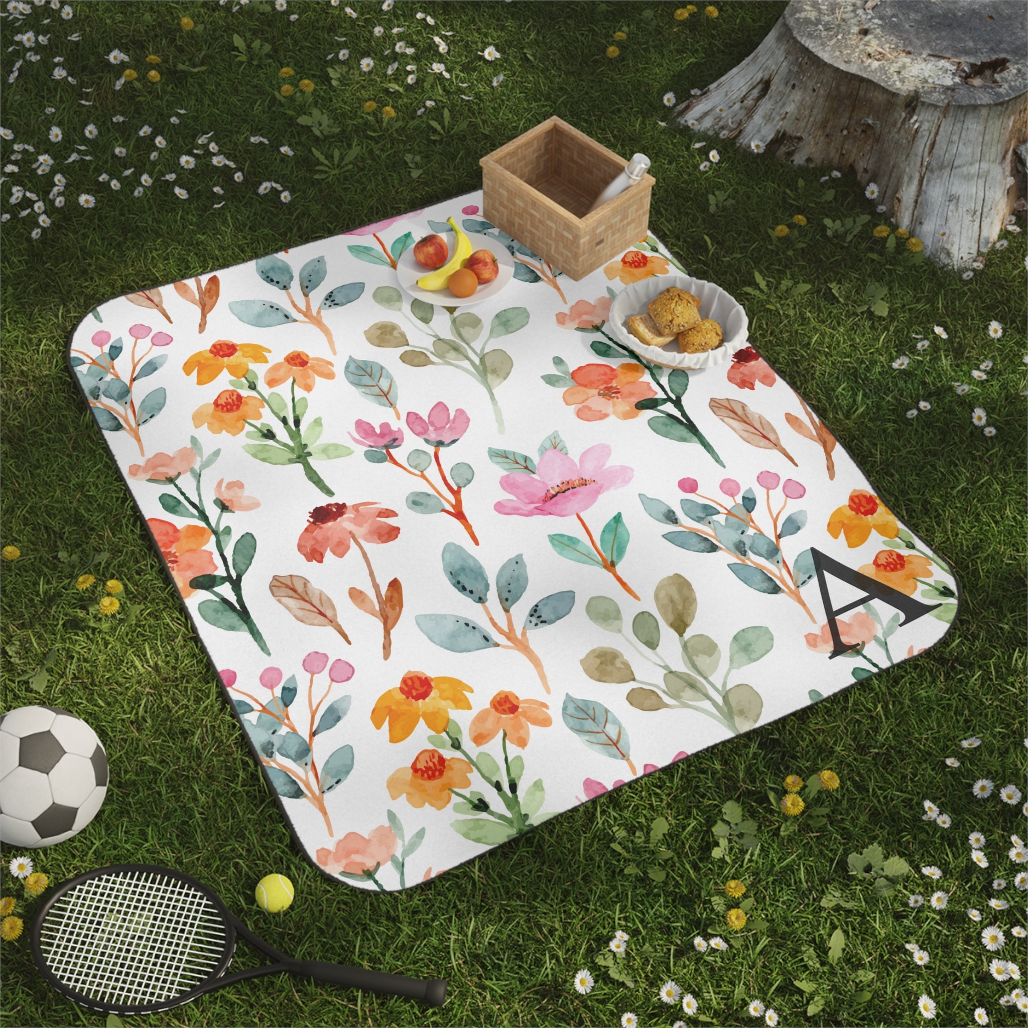 Monogrammed Boho Floral Picnic Blanket, Cute Spring Summer Floral ...