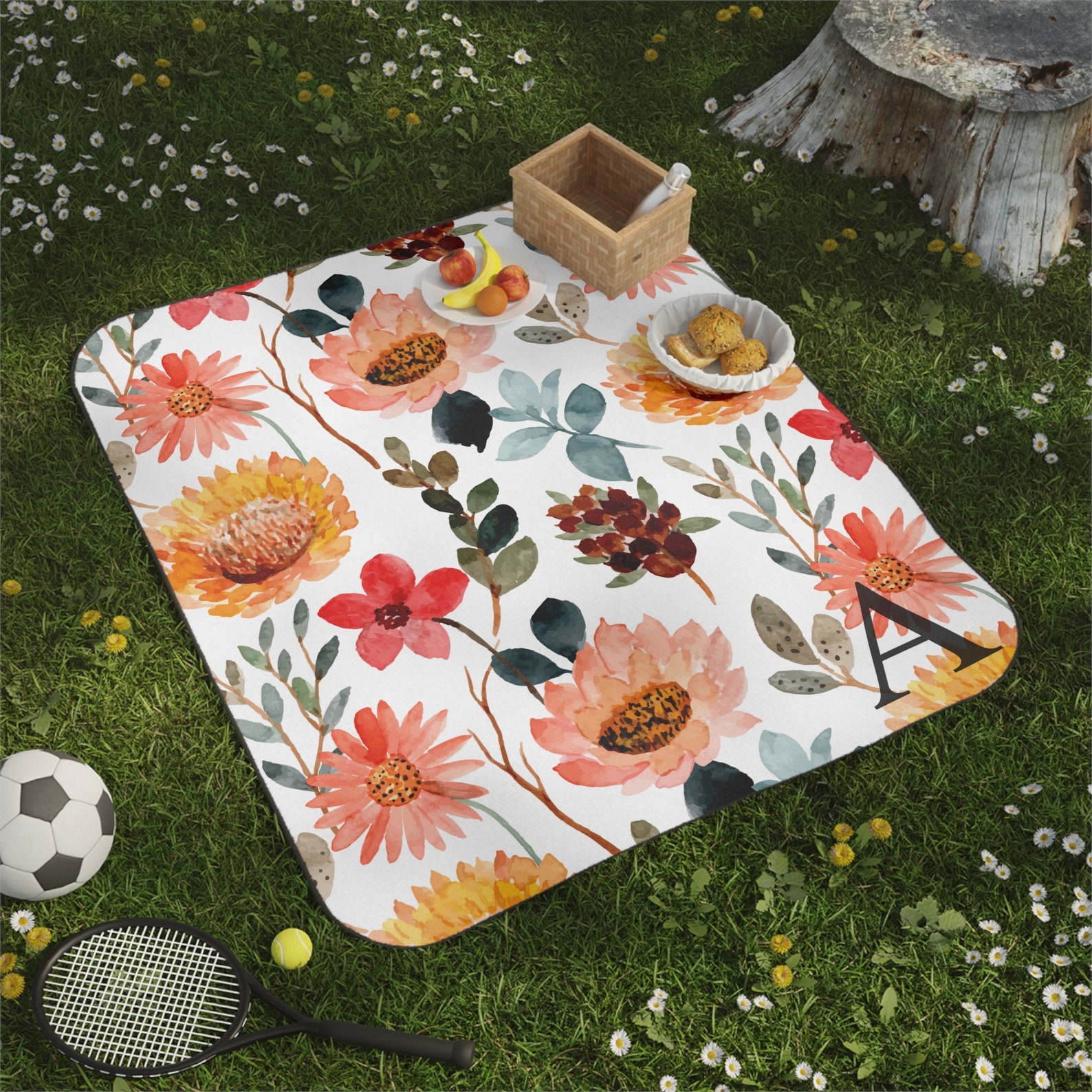 Monogrammed Boho Floral Picnic Blanket, Cute Spring Summer Floral ...