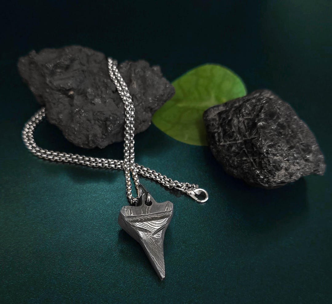 Handmade Damascus Steel Shark Tooth Pendant – Unique Men's Necklace ...