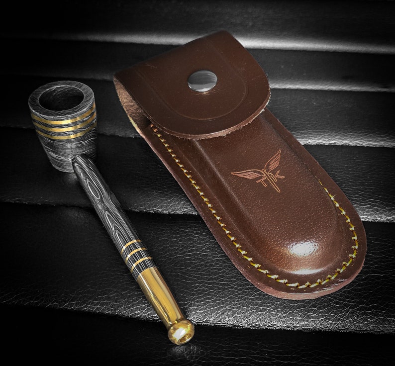 Prime Damascus Steel Handmade Pipe Brass Smoking Pipe Leather Pipe Case ...