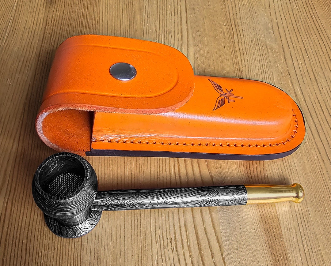 Prime Damascus Steel Handmade Pipe Brass Smoking Pipe Leather Pipe Case ...