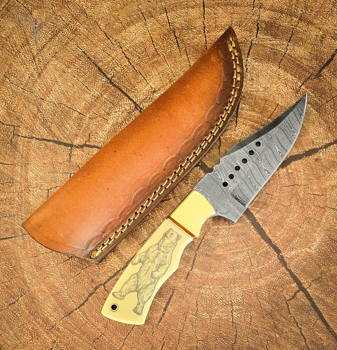 Handmade Damascus Steel Tool: Etched Bear Handle, Leather Sheath - Etsy