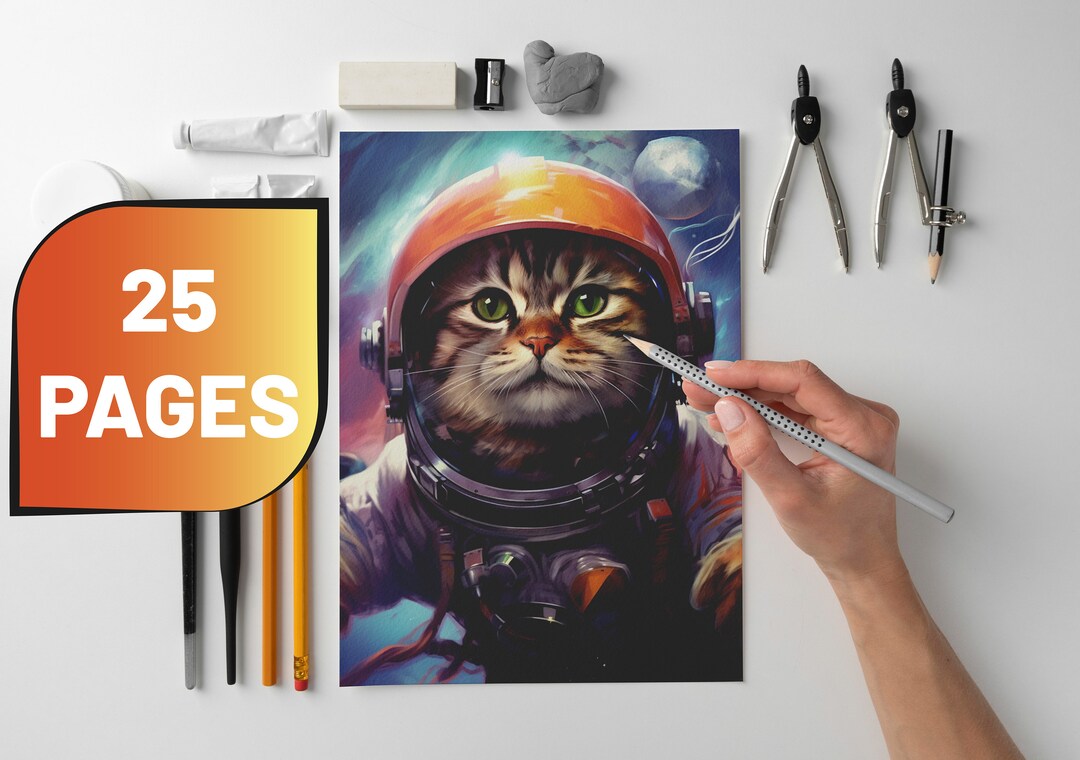 Cat in Space Digital Coloring Book for Adults and Kids 25 - Etsy