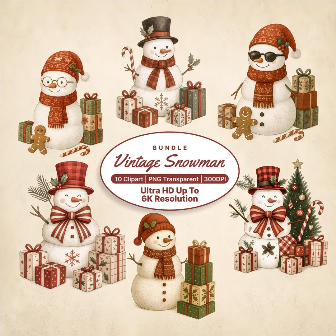Vintage Snowman Clipart Bundle, Christmas PNG Transparent, Retro ...
