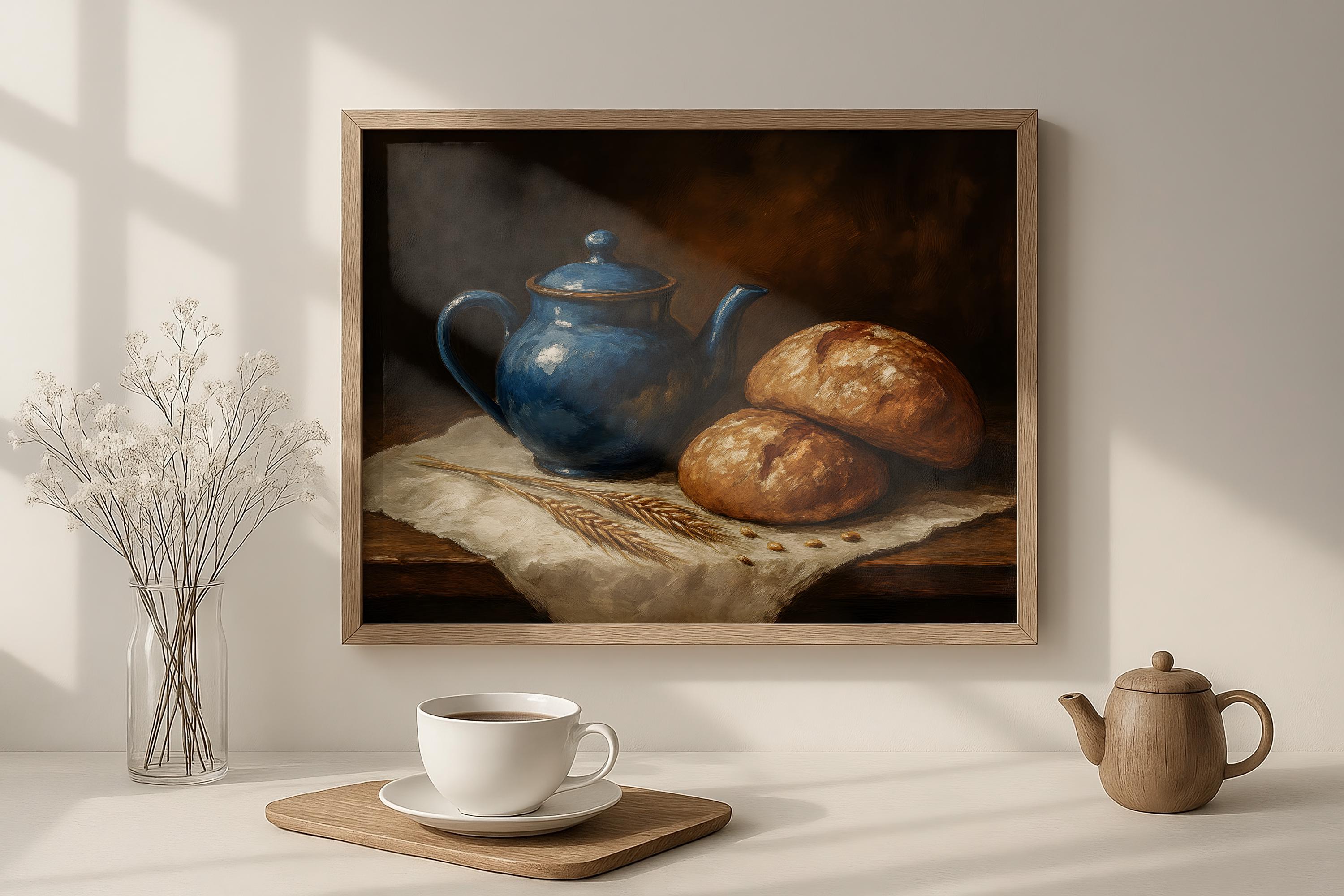 Rustic Still Life Art, Blue Ceramic Jar & Bread, Vintage Kitchen Wall ...