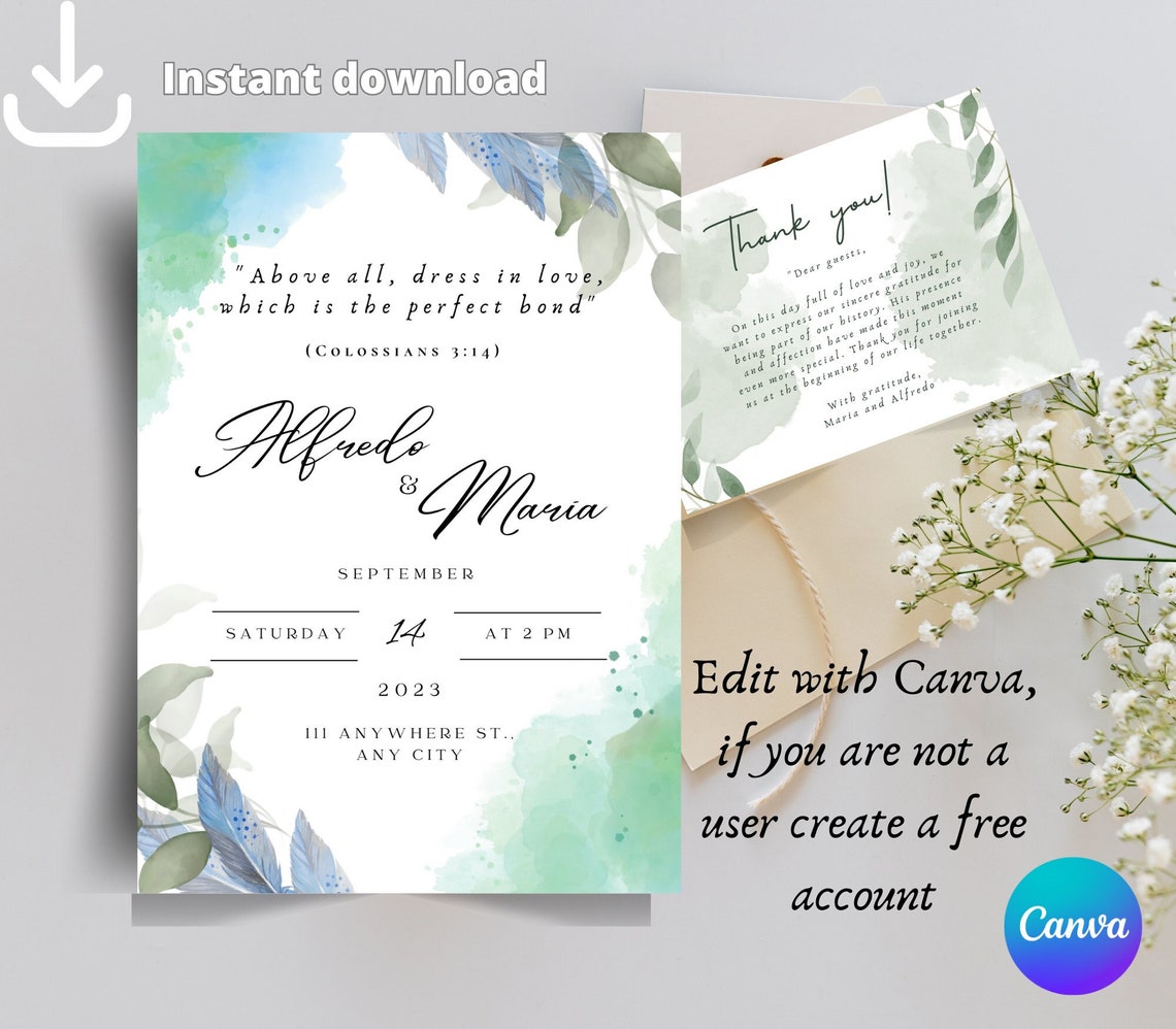 Wedding Invitation and Thank You Card. JW. Template to Edit, Print or ...